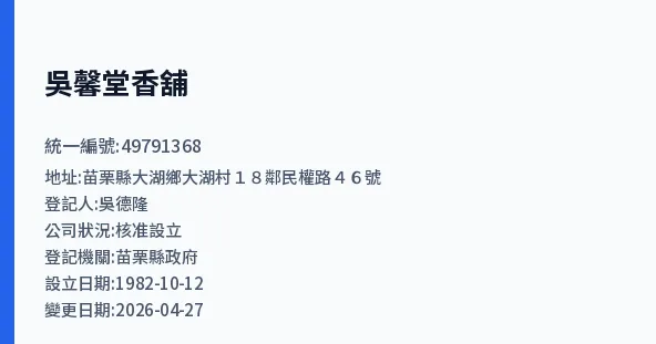 吳馨堂香舖的照片-統編 49791368(苗栗縣) 公司登記資料與營業項目詳細圖表