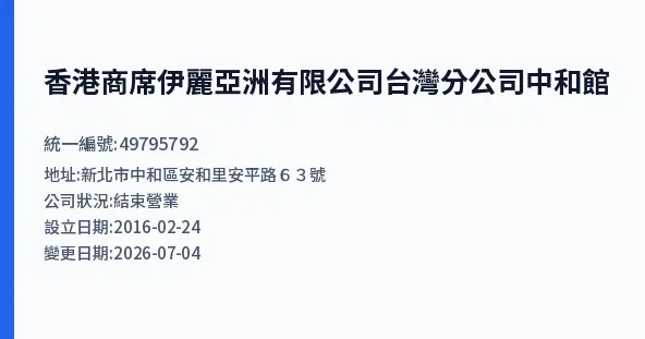 香港商席伊麗亞洲有限公司台灣分公司中和館的照片-統編 49795792(新北市) 公司登記資料與營業項目詳細圖表