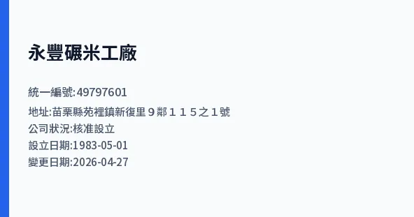 永豐碾米工廠的照片-統編 49797601(苗栗縣) 公司登記資料與營業項目詳細圖表