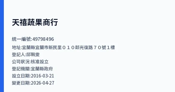 天禧蔬果商行的照片-統編 49798496(宜蘭縣) 公司登記資料與營業項目詳細圖表