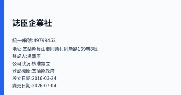 誌臣企業社的照片-統編 49799452(宜蘭縣) 公司登記資料與營業項目詳細圖表