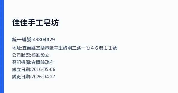 佳佳手工皂坊的照片-統編 49804429(宜蘭縣) 公司登記資料與營業項目詳細圖表