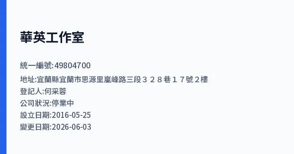 華英工作室的照片-統編 49804700(宜蘭縣) 公司登記資料與營業項目詳細圖表