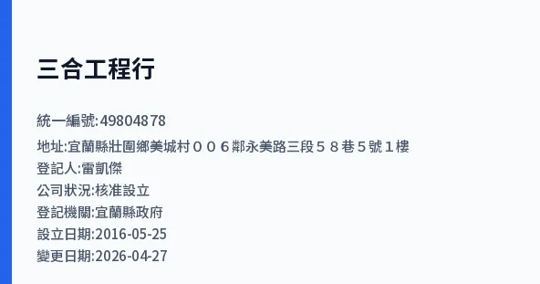 三合工程行的照片-統編 49804878(宜蘭縣) 公司登記資料與營業項目詳細圖表