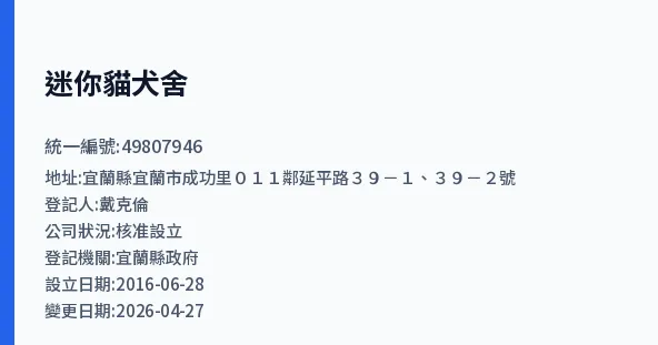 迷你貓犬舍的照片-統編 49807946(宜蘭縣) 公司登記資料與營業項目詳細圖表