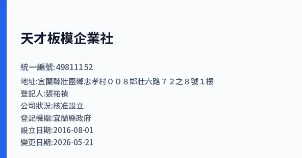 天才板模企業社的照片-統編 49811152(宜蘭縣) 公司登記資料與營業項目詳細圖表