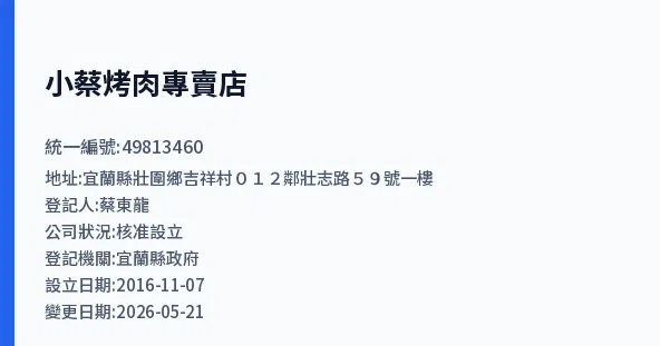小蔡烤肉專賣店的照片-統編 49813460(宜蘭縣) 公司登記資料與營業項目詳細圖表