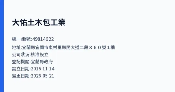 大佑土木包工業的照片-統編 49814622(宜蘭縣) 公司登記資料與營業項目詳細圖表