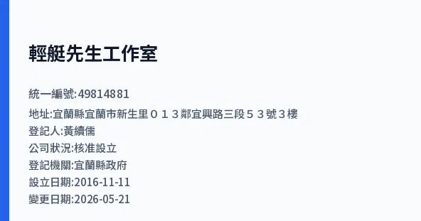輕艇先生工作室的照片-統編 49814881(宜蘭縣) 公司登記資料與營業項目詳細圖表