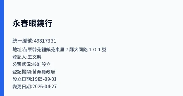永春眼鏡行的照片-統編 49817331(苗栗縣) 公司登記資料與營業項目詳細圖表