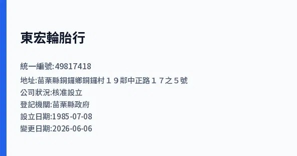 東宏輪胎行的照片-統編 49817418(苗栗縣) 公司登記資料與營業項目詳細圖表