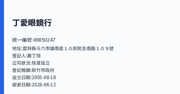 丁愛眼鏡行的照片-統編 49850247(雲林縣) 公司登記資料與營業項目詳細圖表
