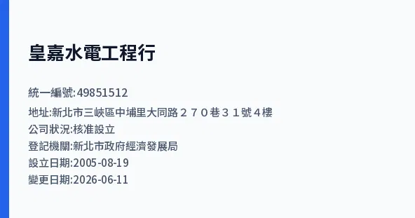 皇嘉水電工程行的照片-統編 49851512(新北市) 公司登記資料與營業項目詳細圖表