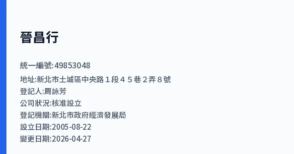 晉昌行的照片-統編 49853048(新北市) 公司登記資料與營業項目詳細圖表