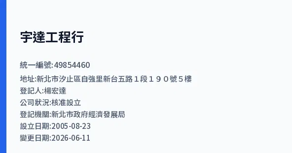 宇達工程行的照片-統編 49854460(新北市) 公司登記資料與營業項目詳細圖表