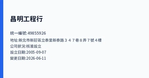 昌明工程行的照片-統編 49855926(新北市) 公司登記資料與營業項目詳細圖表