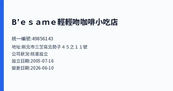 B′esame輕輕吻咖啡小吃店的照片-統編 49856143(新北市) 公司登記資料與營業項目詳細圖表