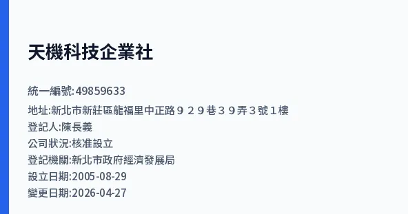 天機科技企業社的照片-統編 49859633(新北市) 公司登記資料與營業項目詳細圖表