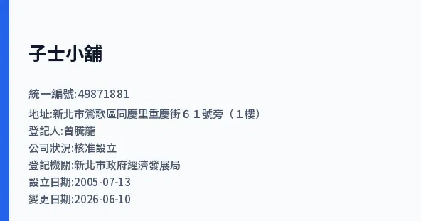 子士小舖的照片-統編 49871881(新北市) 公司登記資料與營業項目詳細圖表