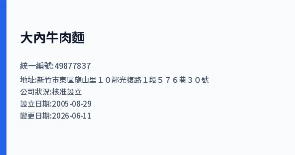 大內牛肉麵的照片-統編 49877837(新竹市) 公司登記資料與營業項目詳細圖表