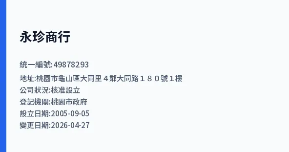 永珍商行的照片-統編 49878293(桃園市) 公司登記資料與營業項目詳細圖表