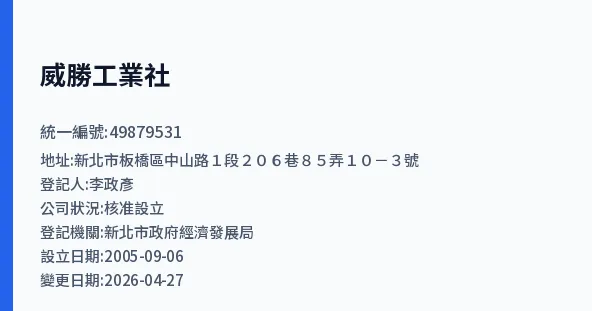 威勝工業社的照片-統編 49879531(新北市) 公司登記資料與營業項目詳細圖表