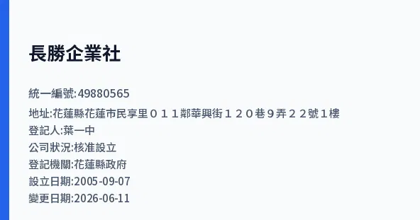 長勝企業社的照片-統編 49880565(花蓮縣) 公司登記資料與營業項目詳細圖表