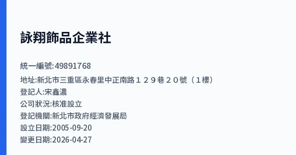 詠翔飾品企業社的照片-統編 49891768(新北市) 公司登記資料與營業項目詳細圖表