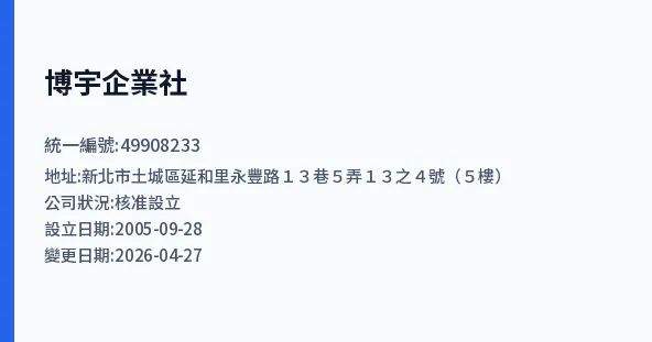 博宇企業社的照片-統編 49908233(新北市) 公司登記資料與營業項目詳細圖表