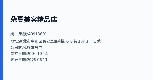 朵蔓美容精品店的照片-統編 49913691(新北市) 公司登記資料與營業項目詳細圖表