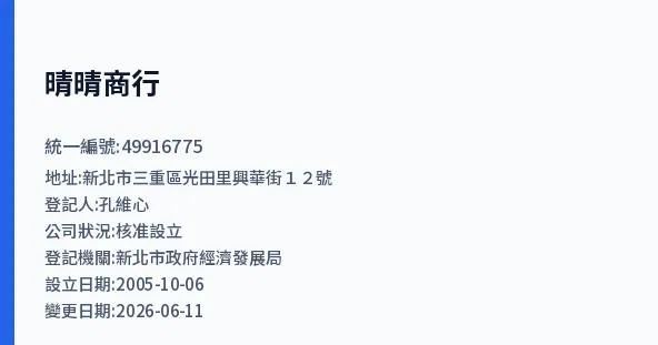 晴晴商行的照片-統編 49916775(新北市) 公司登記資料與營業項目詳細圖表
