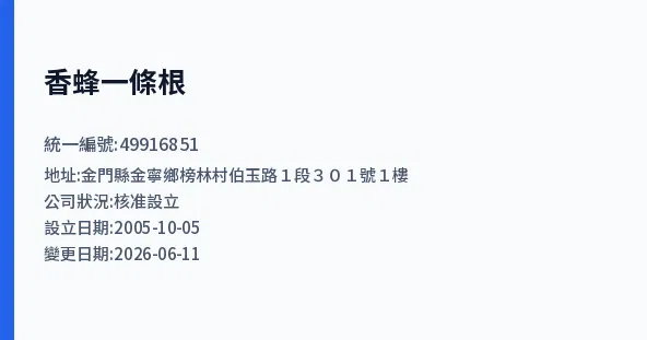 香蜂一條根的照片-統編 49916851(金門縣) 公司登記資料與營業項目詳細圖表
