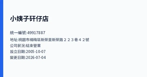 小姨子矸仔店的照片-統編 49917887(桃園市) 公司登記資料與營業項目詳細圖表