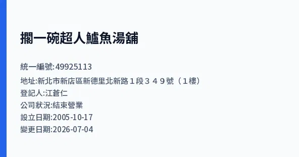 擱一碗超人鱸魚湯舖的照片-統編 49925113(新北市) 公司登記資料與營業項目詳細圖表