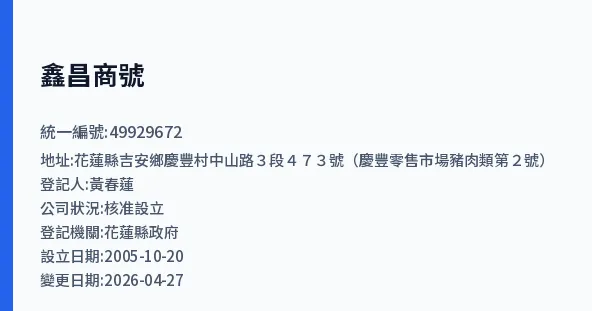 鑫昌商號的照片-統編 49929672(花蓮縣) 公司登記資料與營業項目詳細圖表