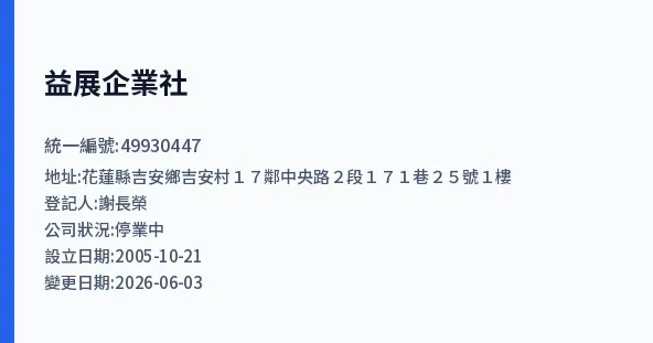 益展企業社的照片-統編 49930447(花蓮縣) 公司登記資料與營業項目詳細圖表