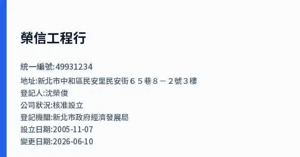 榮信工程行的照片-統編 49931234(新北市) 公司登記資料與營業項目詳細圖表