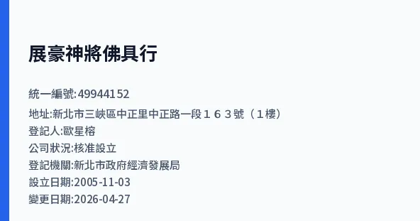 展豪神將佛具行的照片-統編 49944152(新北市) 公司登記資料與營業項目詳細圖表