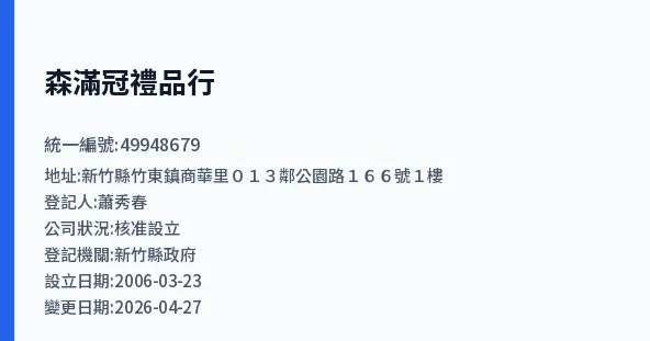 森滿冠禮品行的照片-統編 49948679(新竹縣) 公司登記資料與營業項目詳細圖表