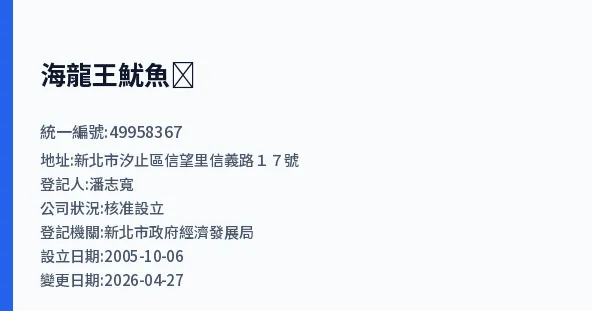 海龍王魷魚焿的照片-統編 49958367(新北市) 公司登記資料與營業項目詳細圖表