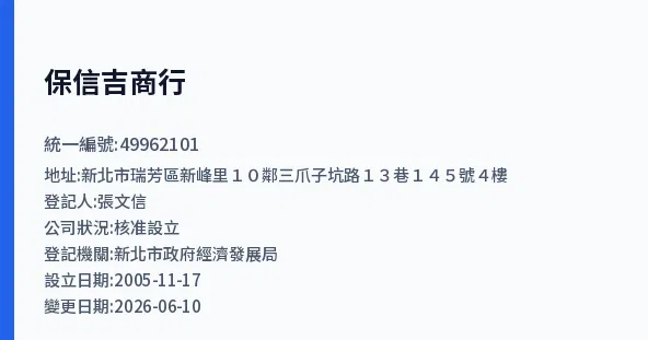 保信吉商行的照片-統編 49962101(新北市) 公司登記資料與營業項目詳細圖表