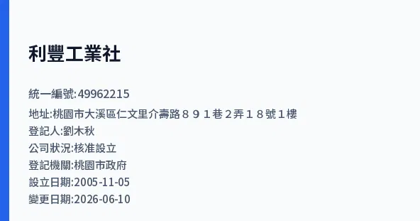 利豐工業社的照片-統編 49962215(桃園市) 公司登記資料與營業項目詳細圖表