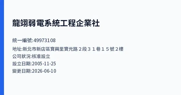 龍翊弱電系統工程企業社的照片-統編 49973108(新北市) 公司登記資料與營業項目詳細圖表