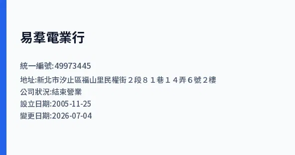 易羣電業行的照片-統編 49973445(新北市) 公司登記資料與營業項目詳細圖表