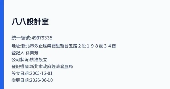 八八設計室的照片-統編 49979335(新北市) 公司登記資料與營業項目詳細圖表