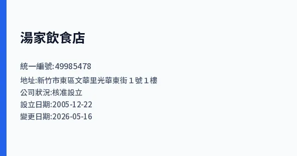 湯家飲食店的照片-統編 49985478(新竹市) 公司登記資料與營業項目詳細圖表