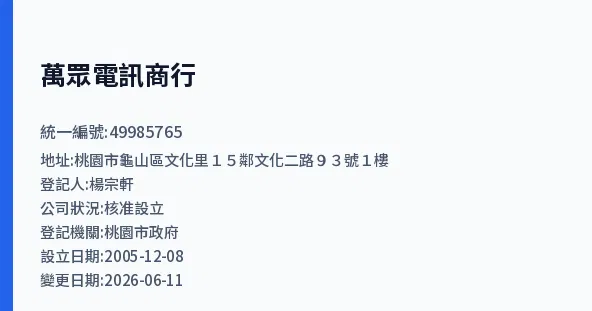 萬眾電訊商行的照片-統編 49985765(桃園市) 公司登記資料與營業項目詳細圖表