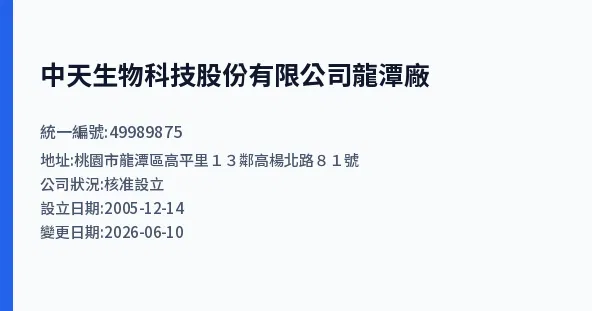 中天生物科技股份有限公司龍潭廠的照片-統編 49989875(桃園市) 公司登記資料與營業項目詳細圖表