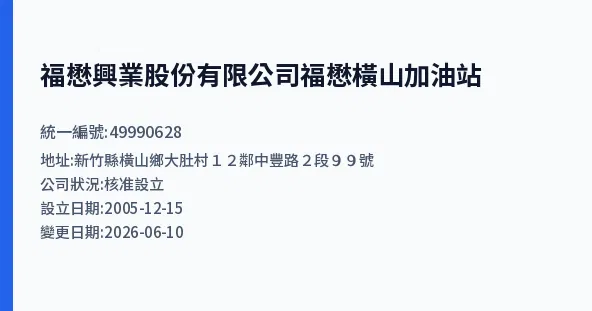 福懋興業股份有限公司福懋橫山加油站的照片-統編 49990628(新竹縣) 公司登記資料與營業項目詳細圖表