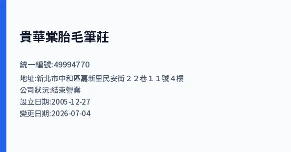 貴華棠胎毛筆莊的照片-統編 49994770(新北市) 公司登記資料與營業項目詳細圖表